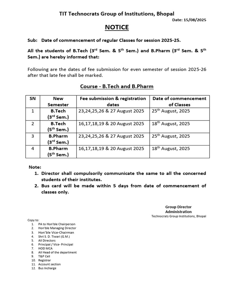 B.Tech & B.Pharm Class Start Dates 2025 | PDF