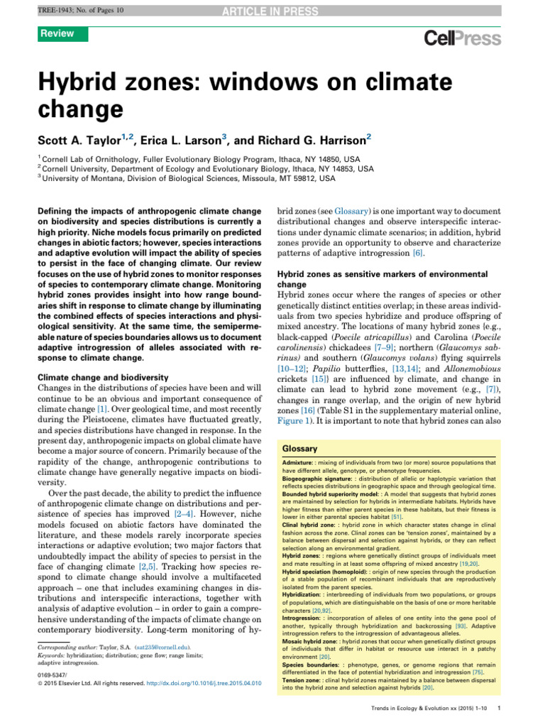 Hybrid Zones-Windows On Climate Change | PDF | Species | Hybrid (Biology)
