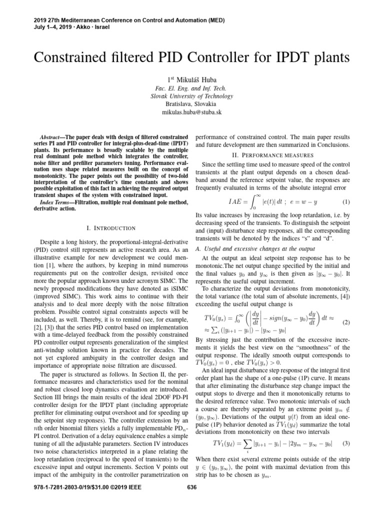 C2019 Constrained Filtered PID Controller For IPDT Plants | PDF ...