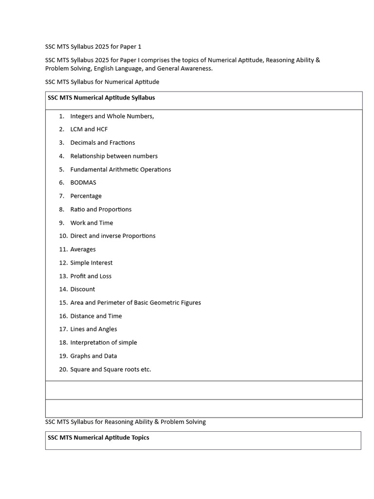 SSC MTS 2025 Paper 1 Syllabus Overview | PDF