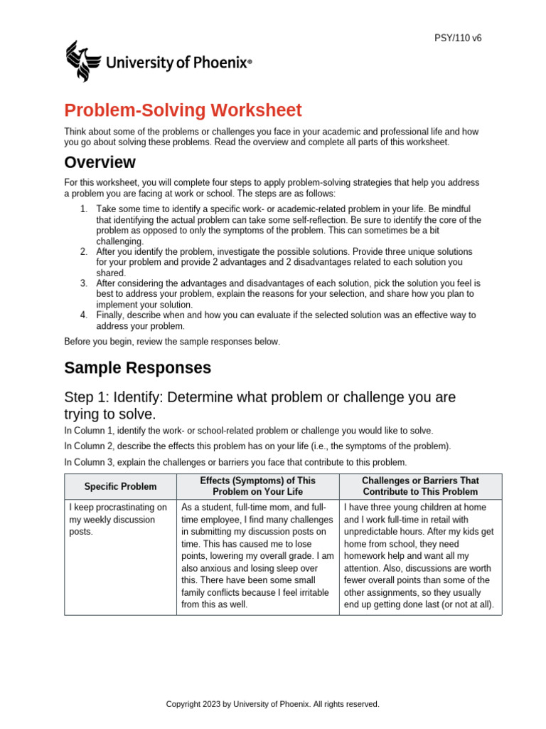 Psy110 v6 Wk4 Problem Solving Worksheet Filled Detailed | PDF | Homework