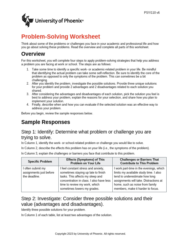 Psy110 v6 Wk4 Problem Solving Worksheet Completed | PDF | Psychological ...