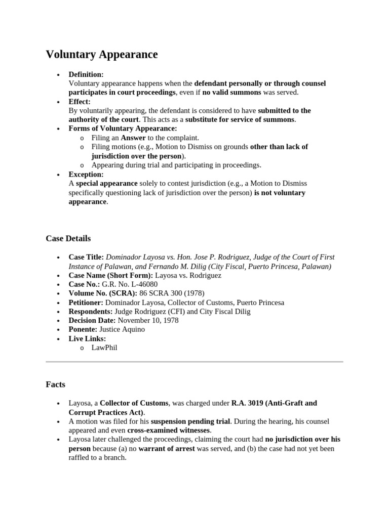 Layosa vs. Rodriguez Voluntary Appearance | PDF | Jurisdiction ...