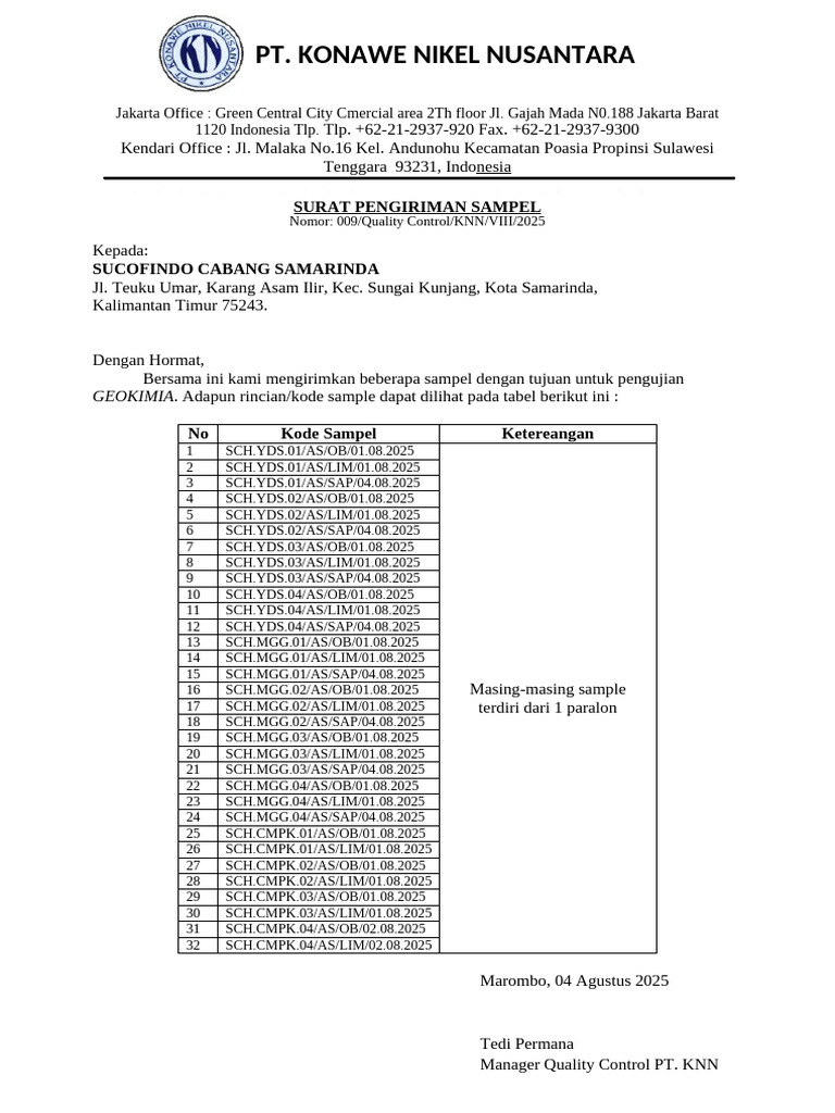 Surat Pengiriman Sampel | PDF
