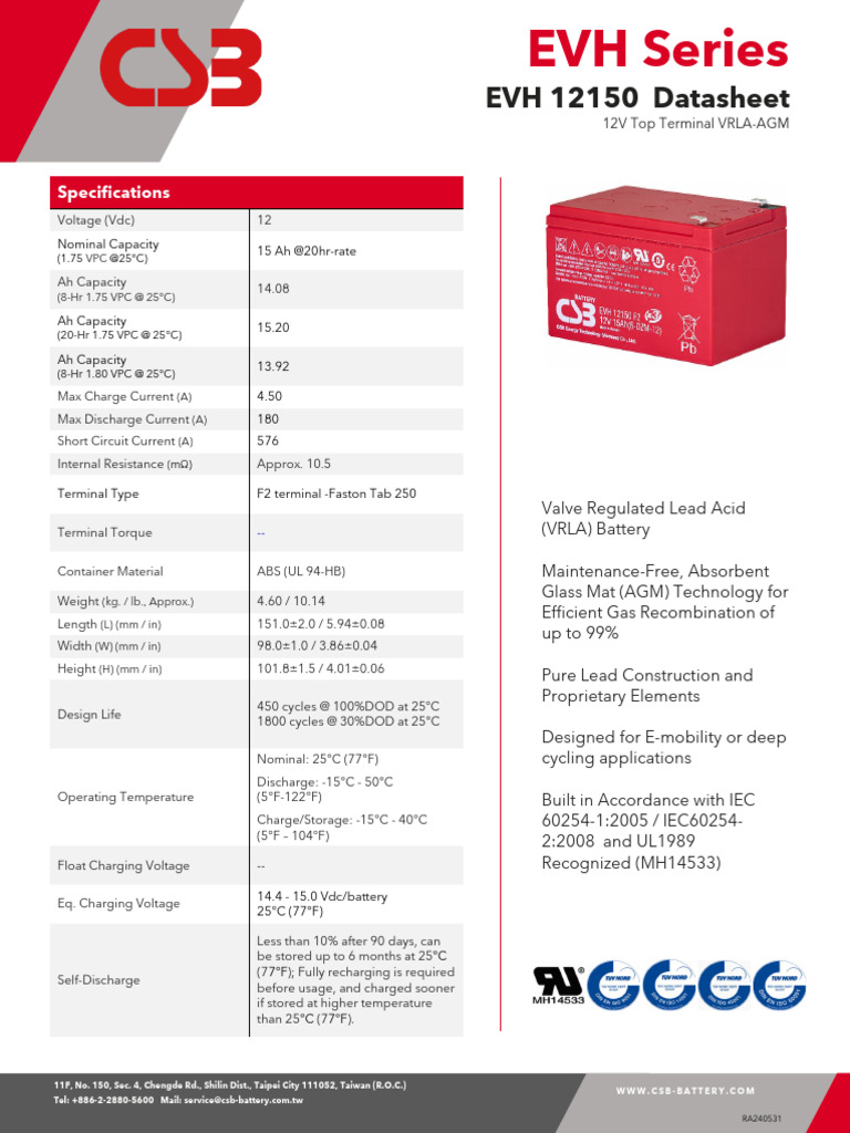 EVH 12150 12V VRLA-AGM Battery Datasheet | PDF | Electricity ...