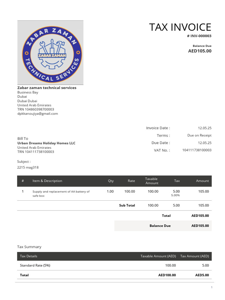 Tax Invoice for Battery Replacement Services | PDF | Invoice | Money