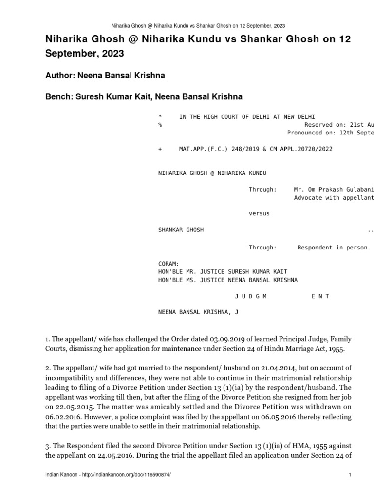 Niharika Ghosh Niharika Kundu Vs Shankar Ghosh On 12 September 2023 | PDF | Appeal | Divorce