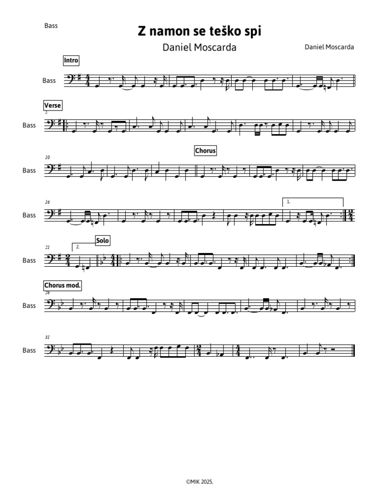 Partition de Bass pour "Z namon se teško spi" | PDF