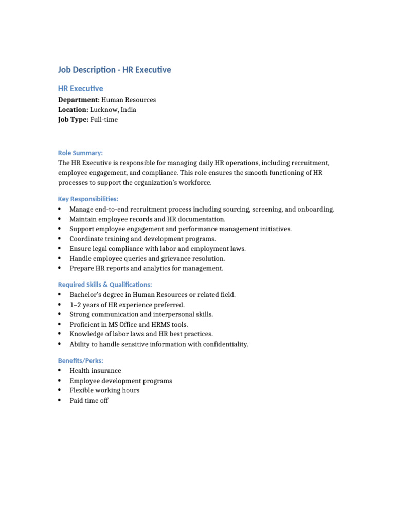 HR Executive Job Description and Duties | PDF
