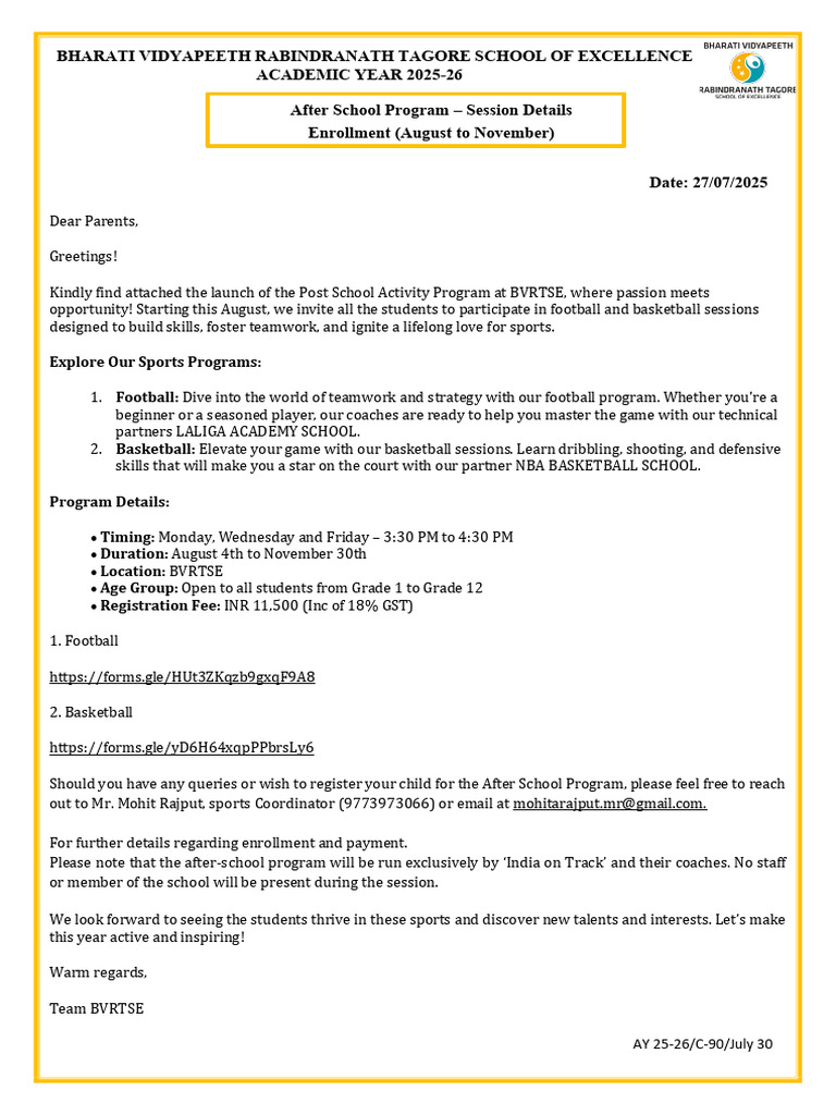 BVRTSE After School Sports Program 2025 | PDF