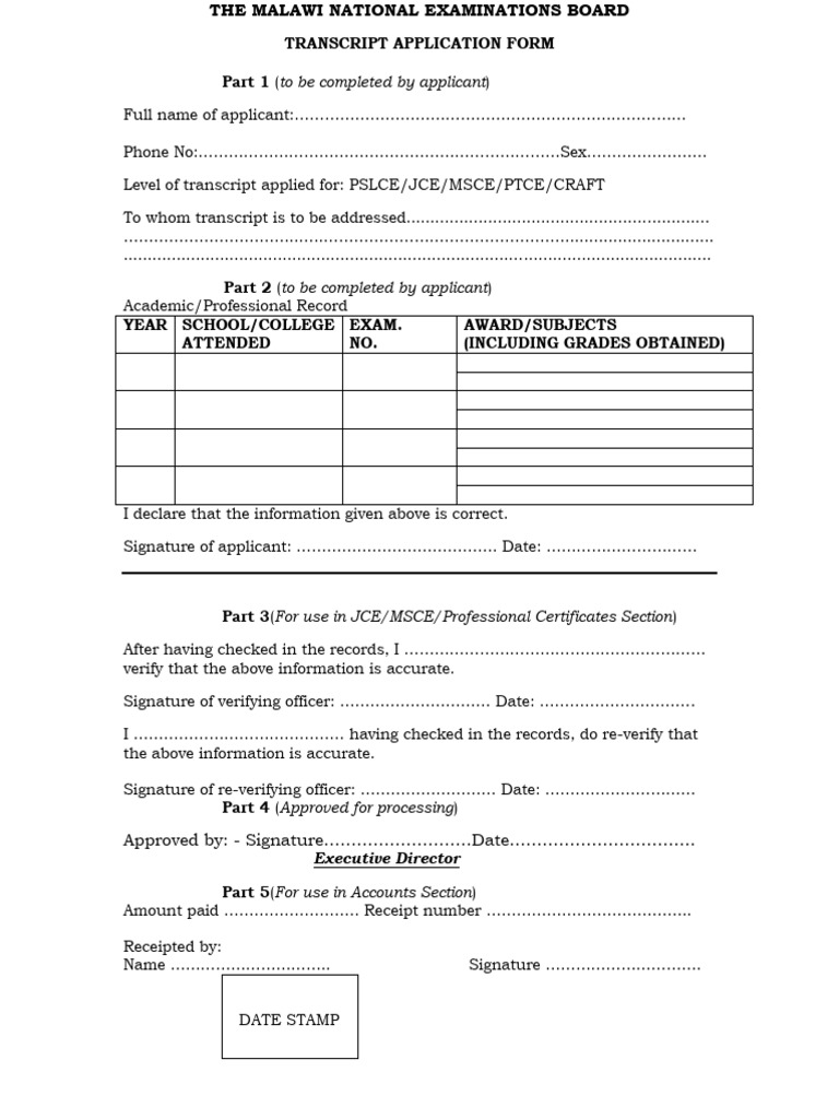 MANEB - Application Form For Transcript | PDF