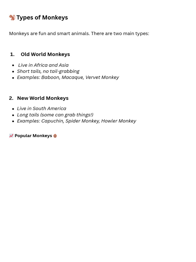 Types of Monkeys: Old vs. New World | PDF