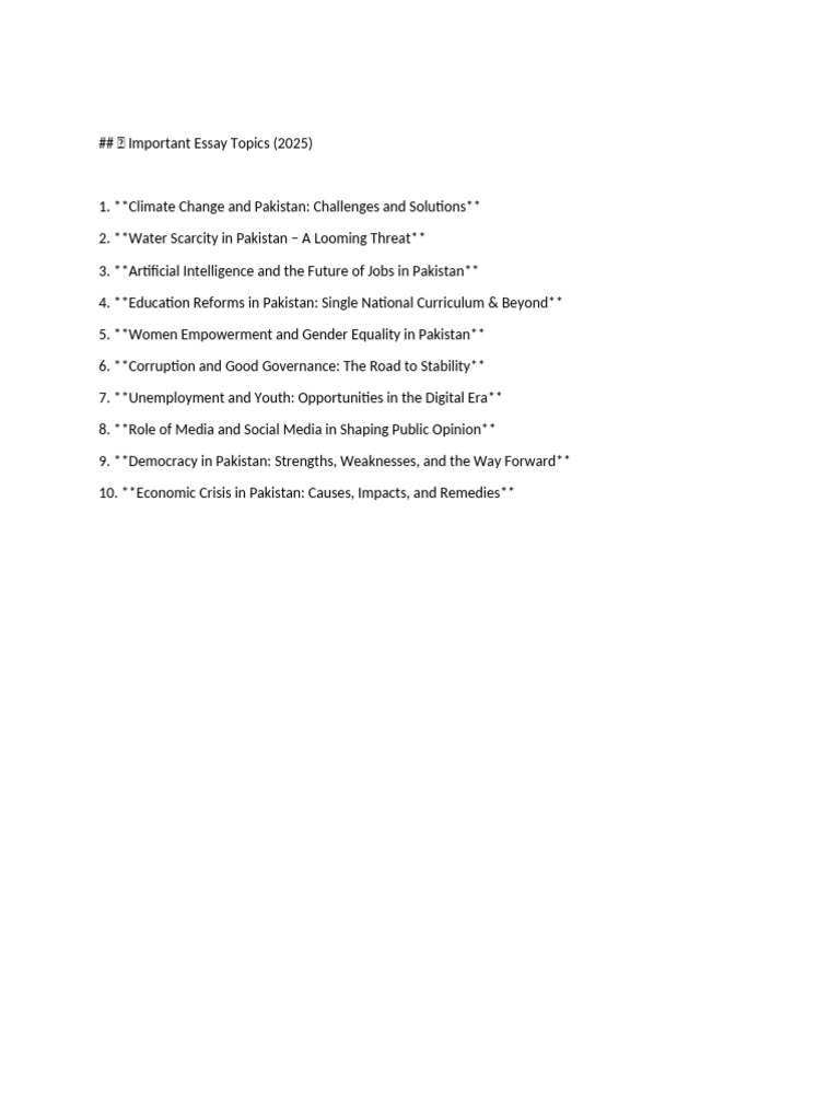 Imprtant Essay Topics 2025 | PDF