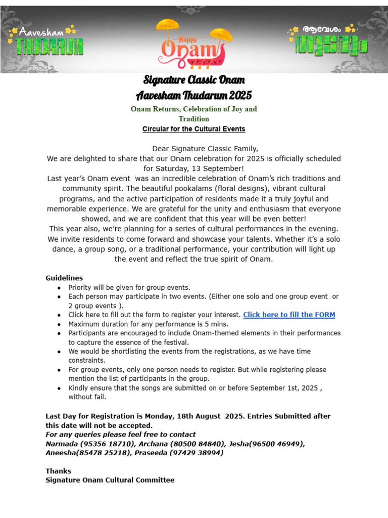 Signature Classic Onam Cultural Events 2025-Circular | PDF