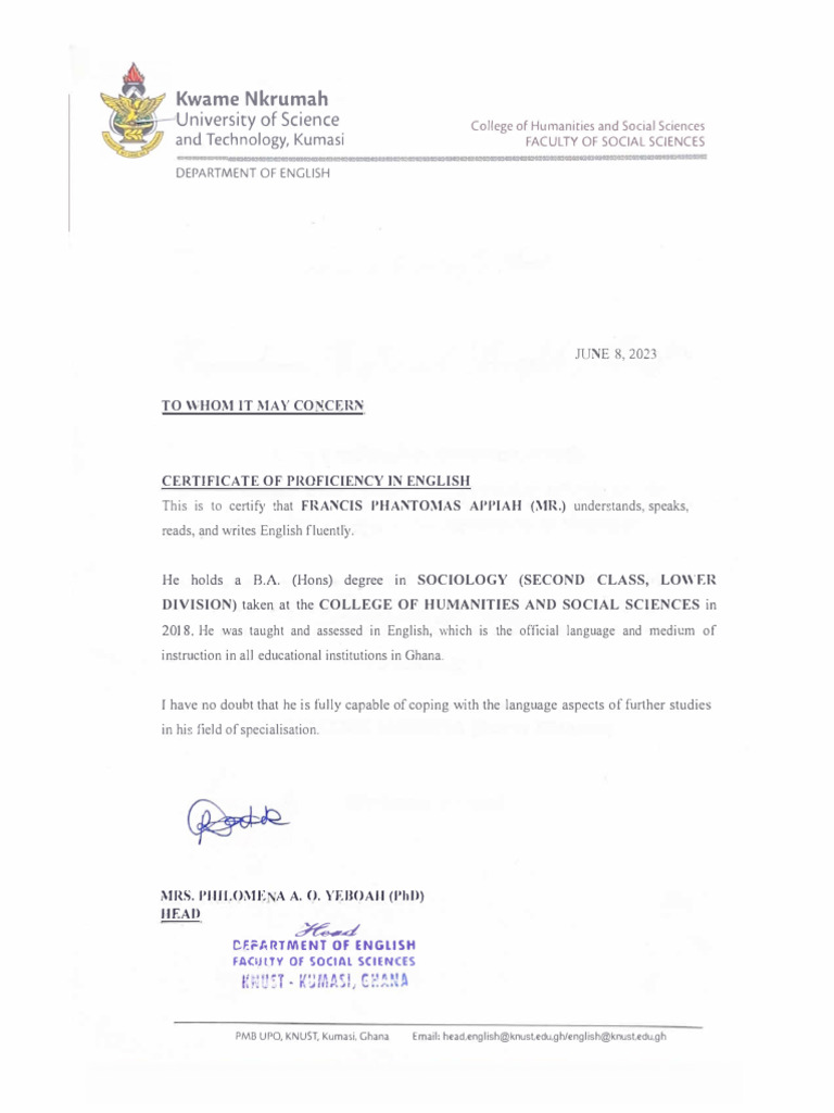 Francis English Proficiency Letter | PDF