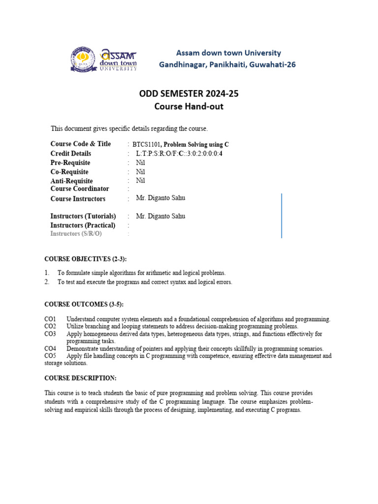Course Handout PS Using C 2025 | PDF | Computer Programming | Algorithms