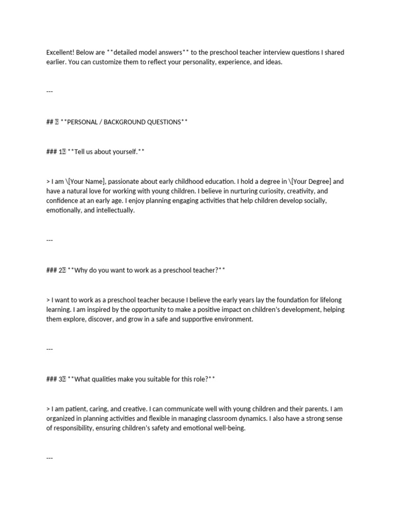 Preschool Teacher Interview Answers Guide | PDF | Reinforcement | Preschool
