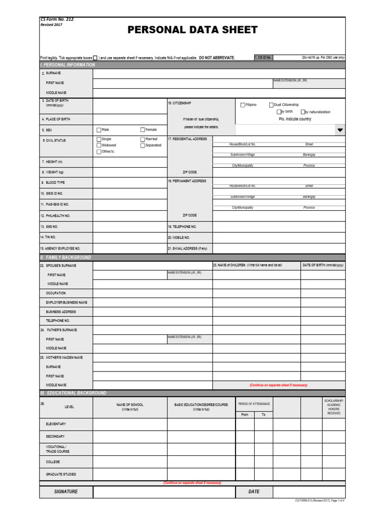 Personal Data Sheet CS Form 212 | PDF | Passport | Personally ...