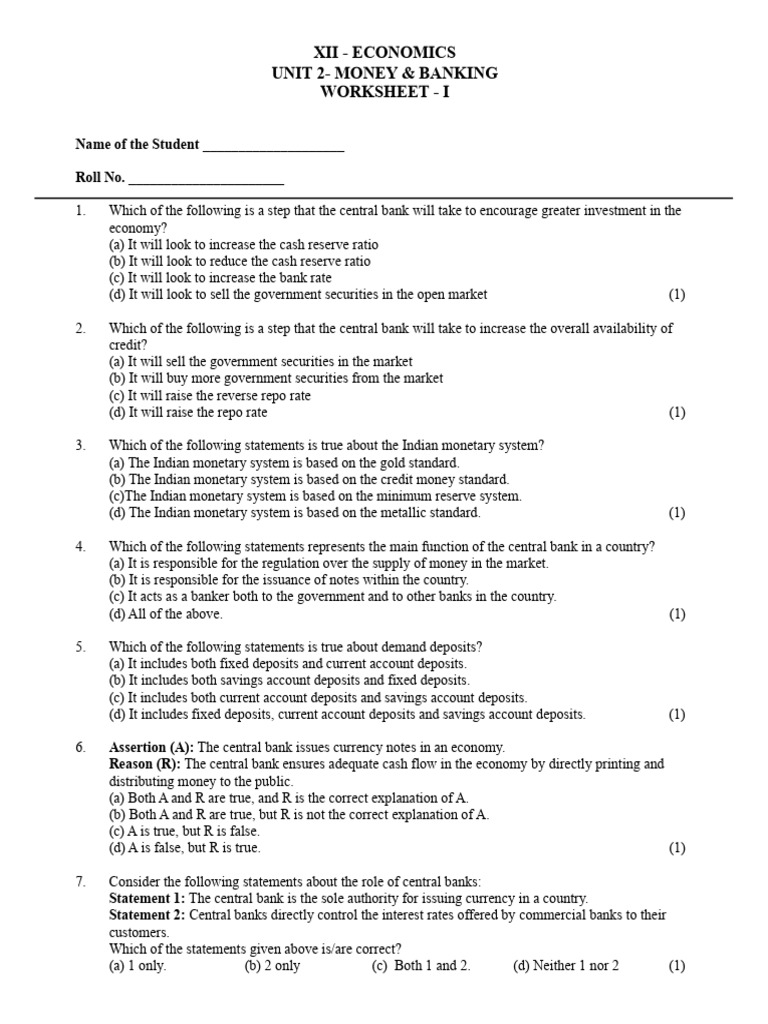 XII Economics (Money & Banking) (Worksheet 1) | PDF | Money | Banks