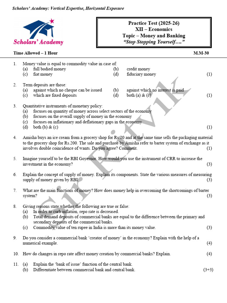 Economics Practice Test: Money & Banking | PDF | Money | Reserve Bank ...