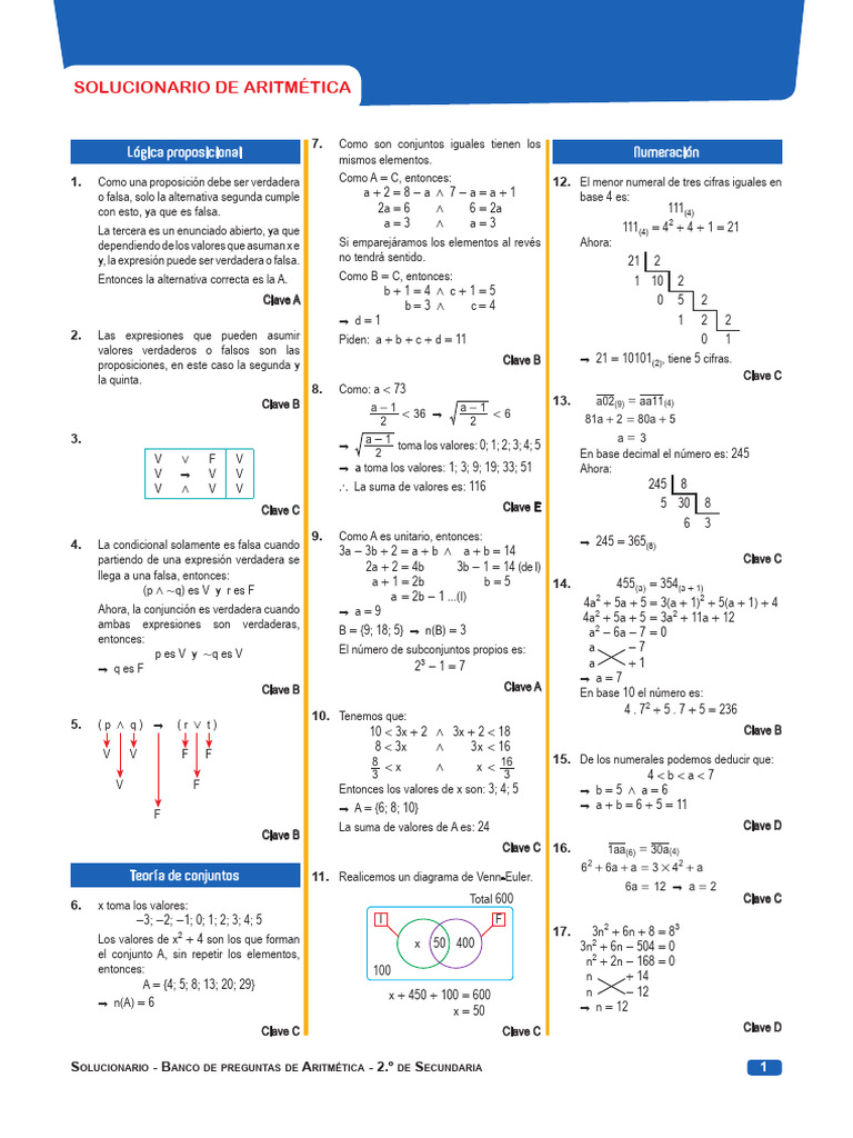 Solucionario De: Aritm Tica | PDF | Proposición | Sintaxis (Lógica)