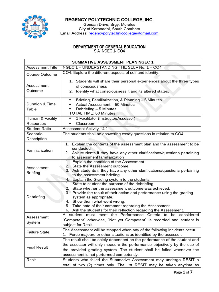NGEC 1 CO4 SA Plan Cognitive | PDF | Consciousness | Dream