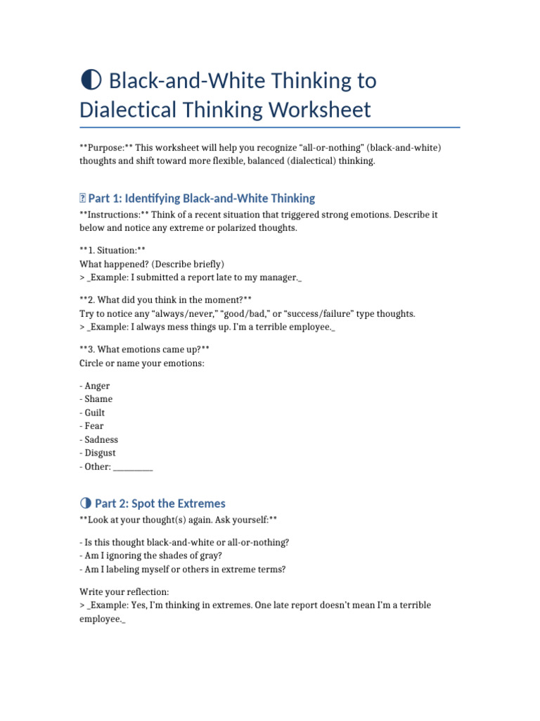 Black-And-White To Dialectical Thinking Worksheet | PDF | Emotions ...