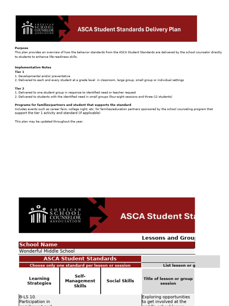 ASCA Student Standards Delivery Plan | PDF | School Counselor | Psychology
