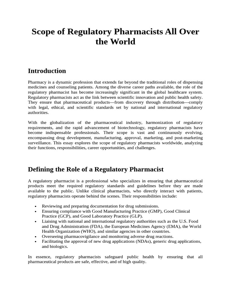 Scope of Regulatory Pharmacists All Over The World | PDF ...
