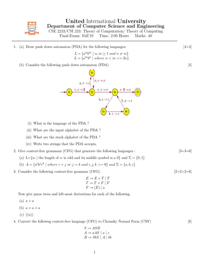 Final Exam on Theory of Computation | PDF