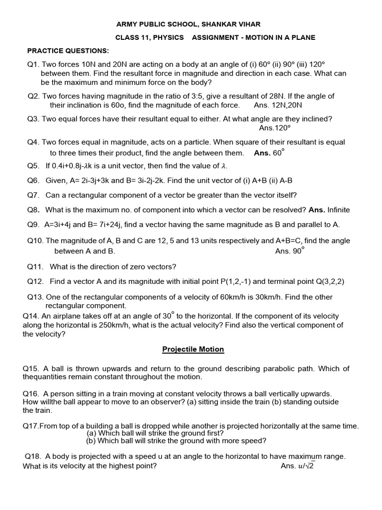 Class 11 Physics: Motion in a Plane Questions | PDF | Acceleration ...