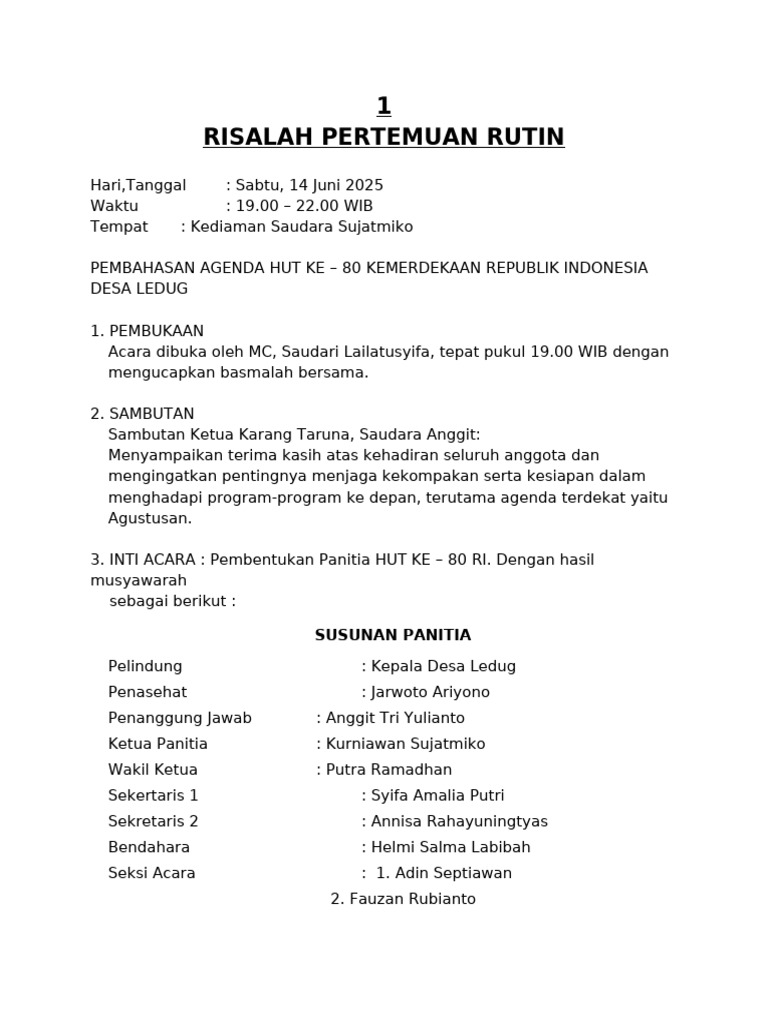 Rapat Persiapan HUT RI Desa Ledug | PDF