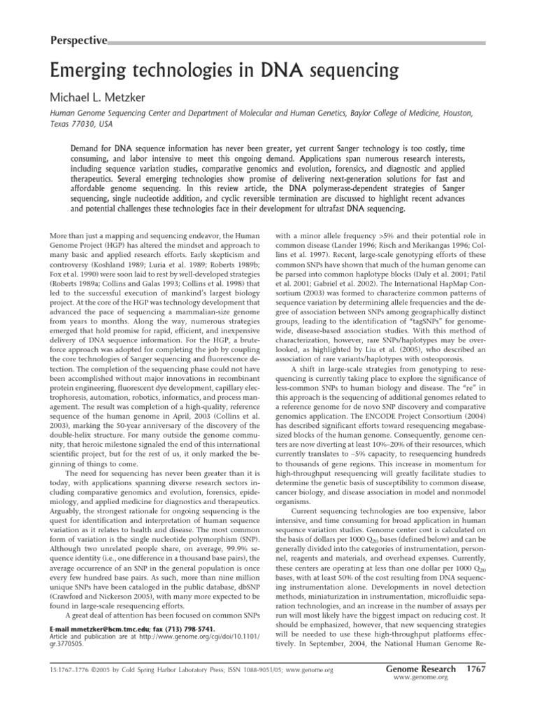 Emerging Technologies in DNA Sequencing_Genome Res.-2005-Metzker-1767-76 | PDF | Dna Sequencing ...