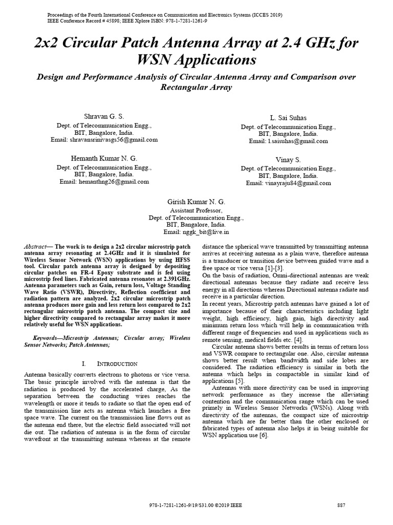 2X2 Circular Patch Antenna Array at 2.4 GHZ For WSN Applications | PDF ...