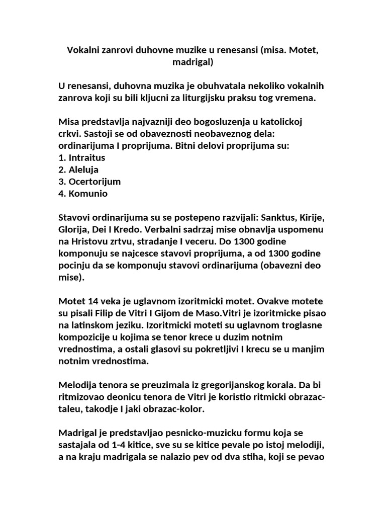Vokalni Zanrovi Duhovne Muzike U Renesansi | PDF