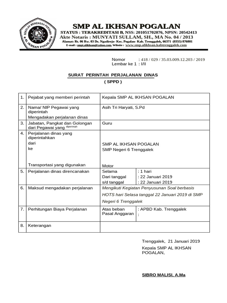 Contoh Surat Perintah Perjalanan Dinas - SPPD | PDF