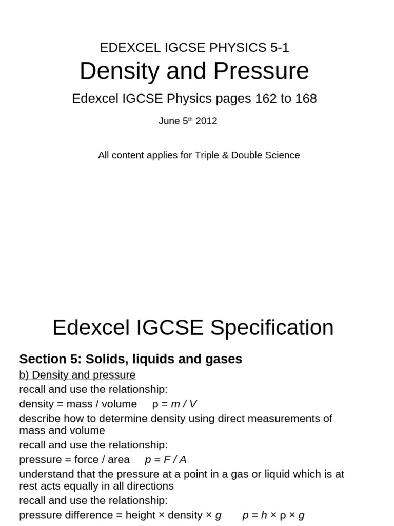 IGCSE 51 Density&Pressure | PDF | Pressure | Pascal (Unit)