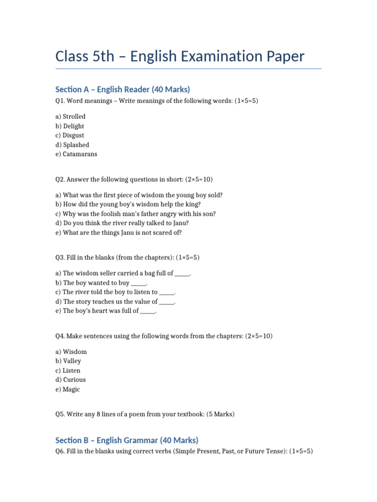 Class - 5 - English - Question - Best Ever Paper | PDF