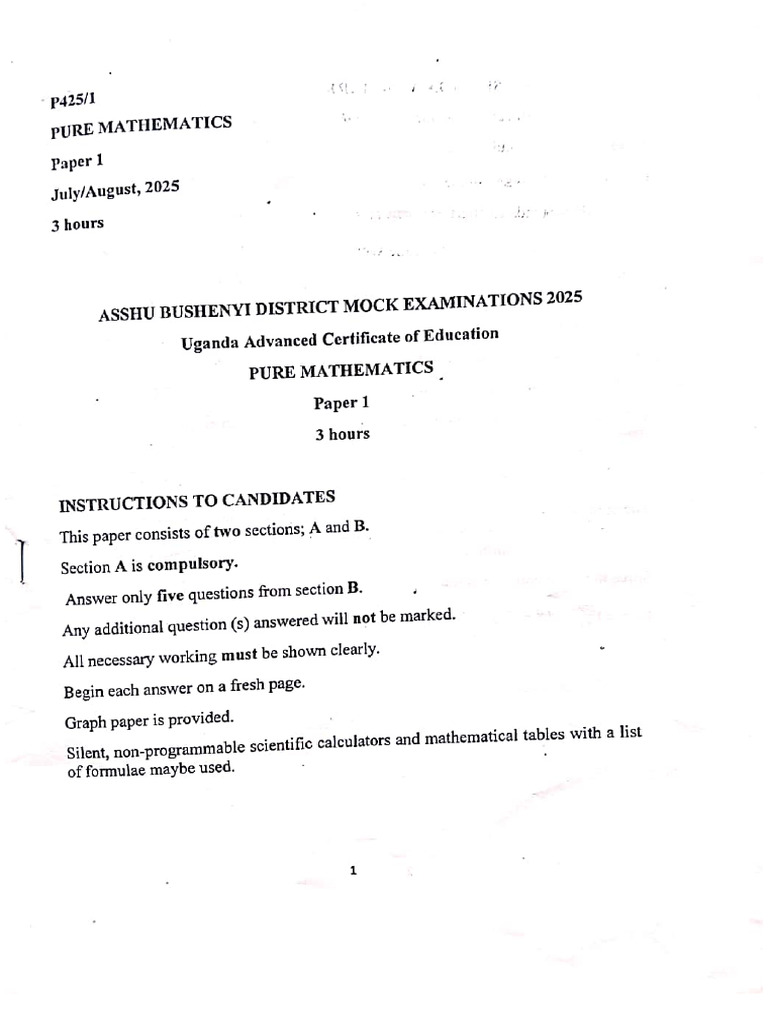 2025 UACE Math1 ASSHU Bushenyi Mock | PDF
