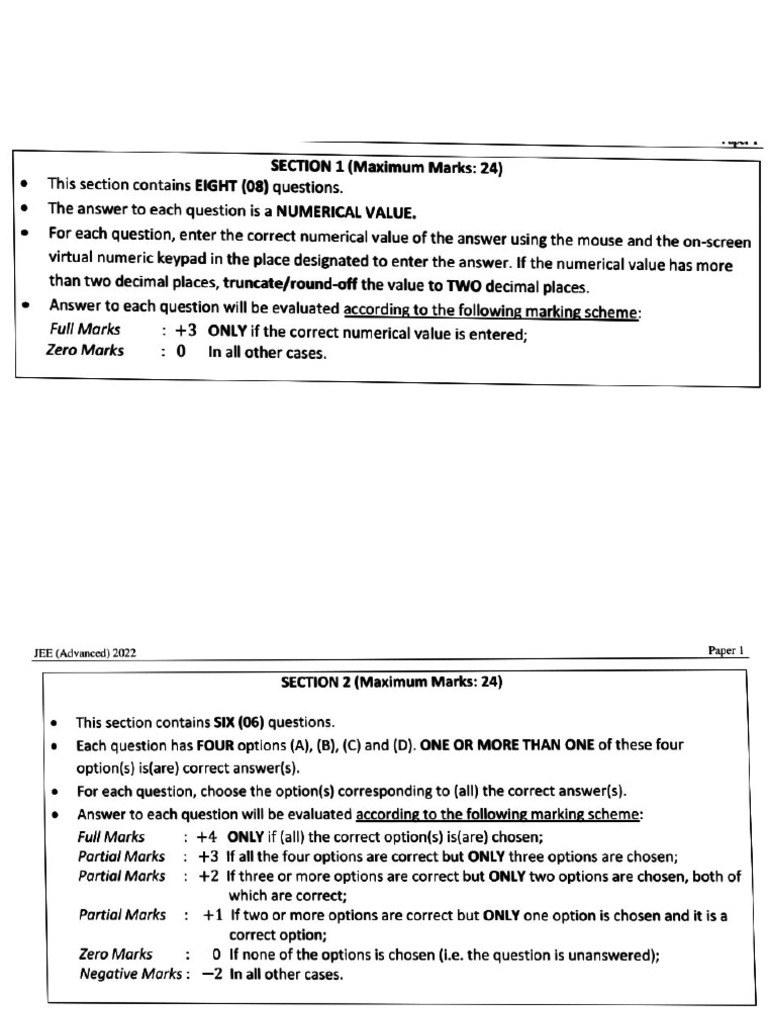 Jee Advanced 2022 Paper 1 Pattern | PDF