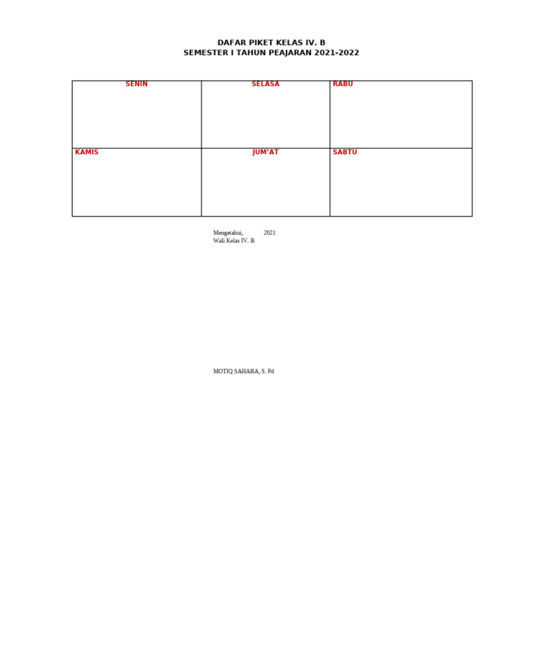 Dafar Piket Kelas IV | PDF