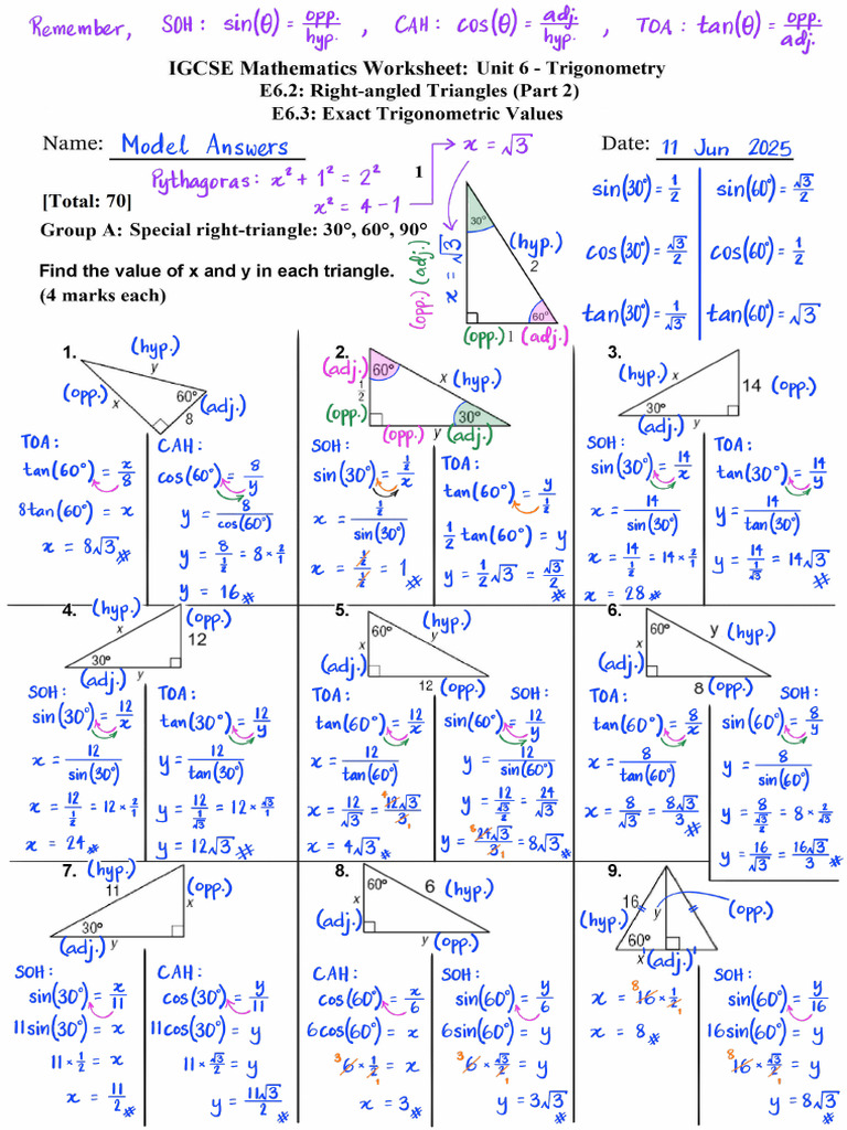 Model Ans - IGCSE Maths Worksheet - E6.3 - Special Angle Trig | PDF