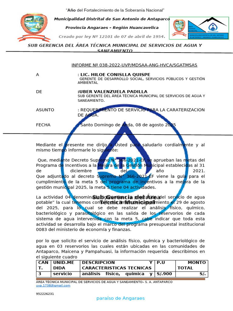 Informe N 038 Requerimiento Caracterizacion de Agua | PDF | Laboratorios
