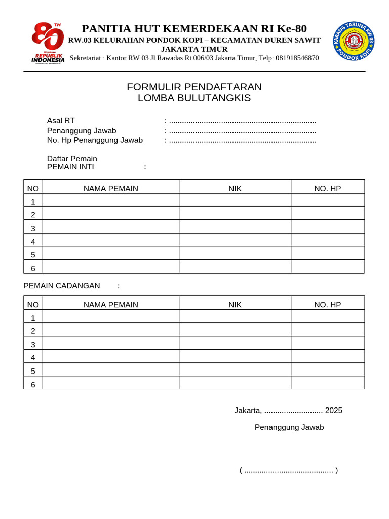 Formulir Pendaftaran Lomba 2025 | PDF