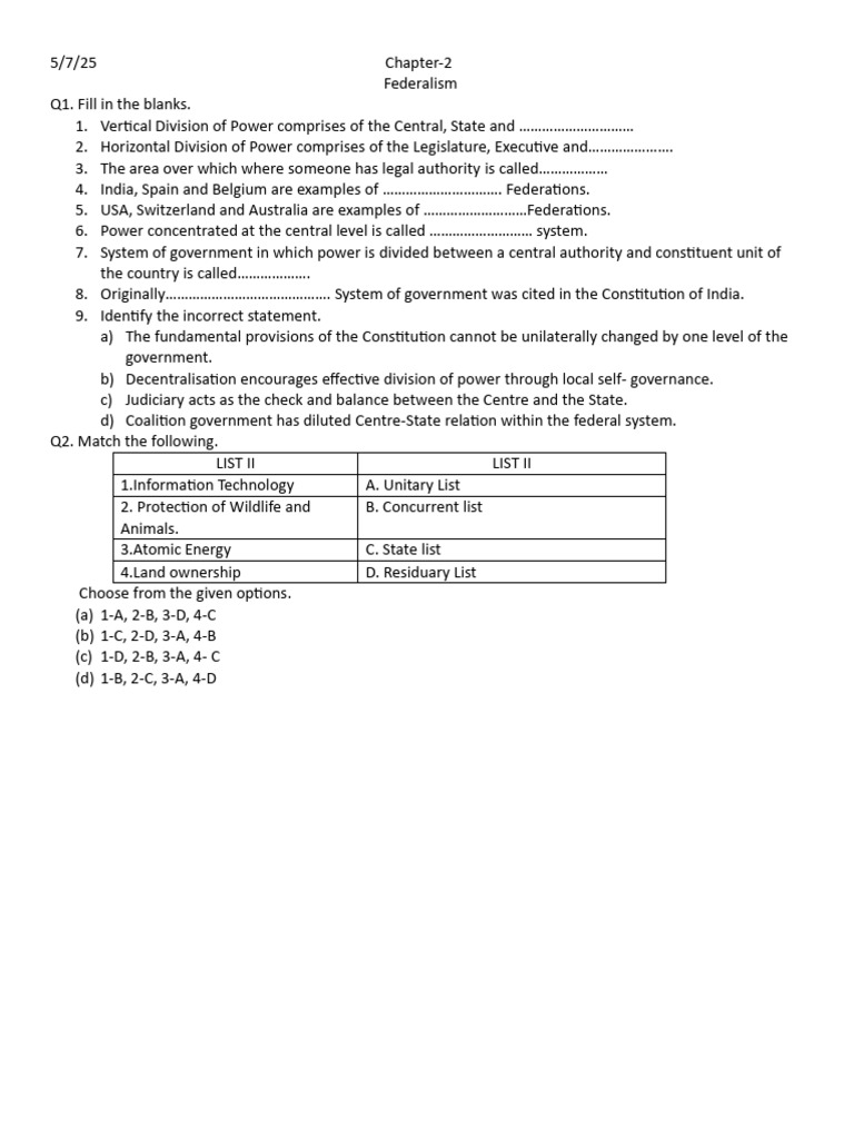 CH - 2 Federalism Mock Questions | PDF