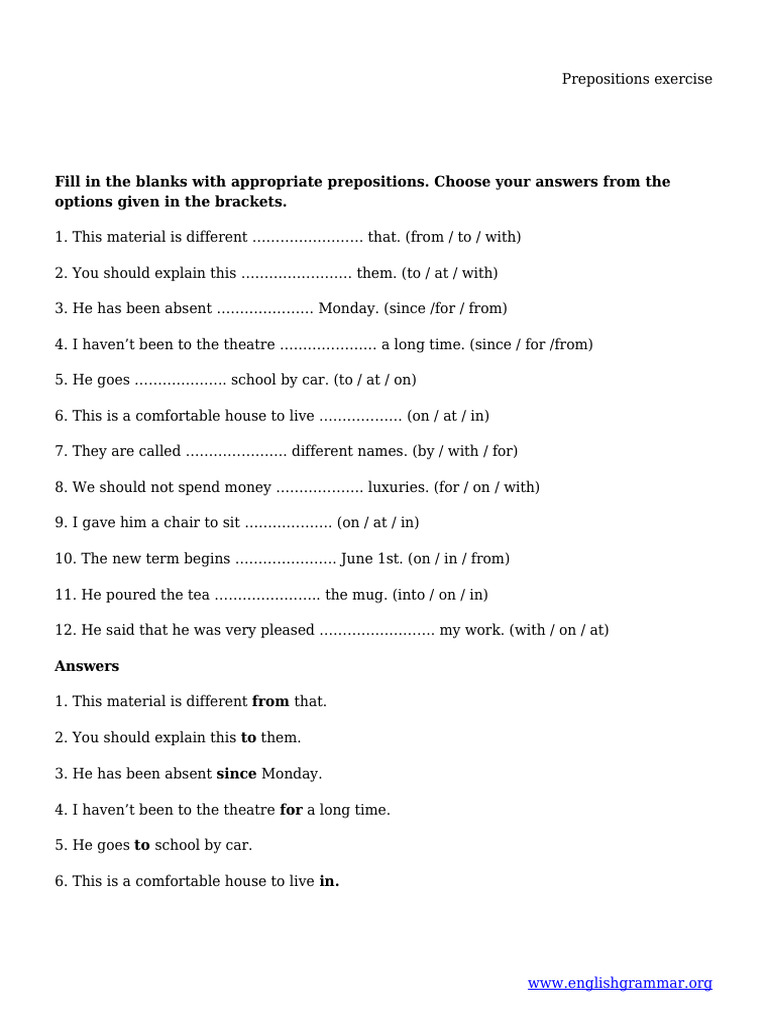 Prepositions Exercise | PDF