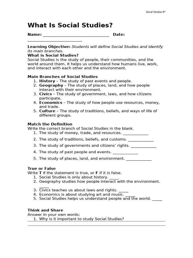 What Is Social Studies 6 Lesson 1 | PDF