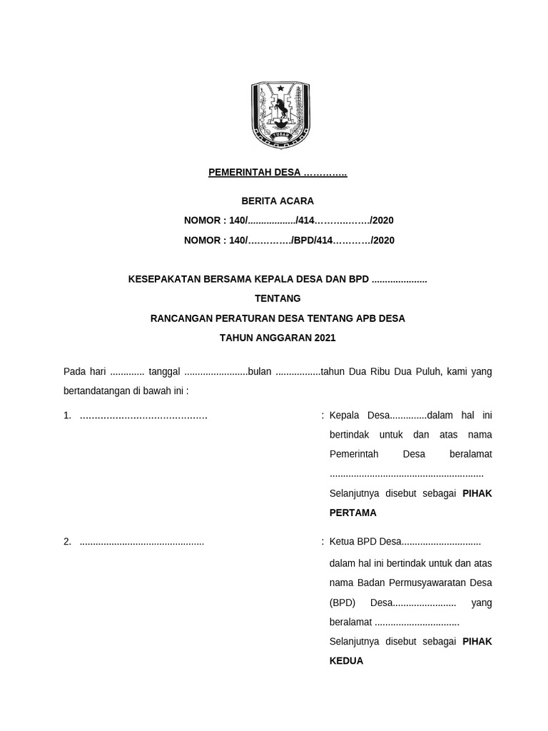 Format Berita Acara Kesepakatan Bersama Kepala Desa Dan BPD | PDF
