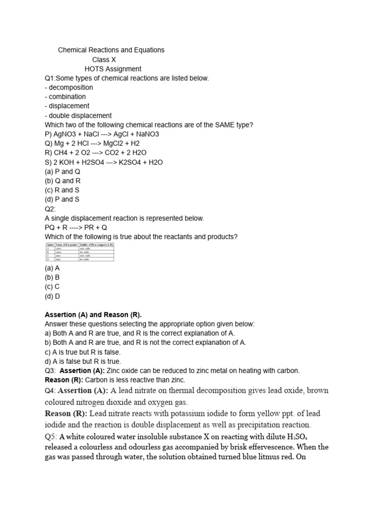 Chemical Reactions: Class X HOTS Assignment | PDF | Chemical Reactions ...