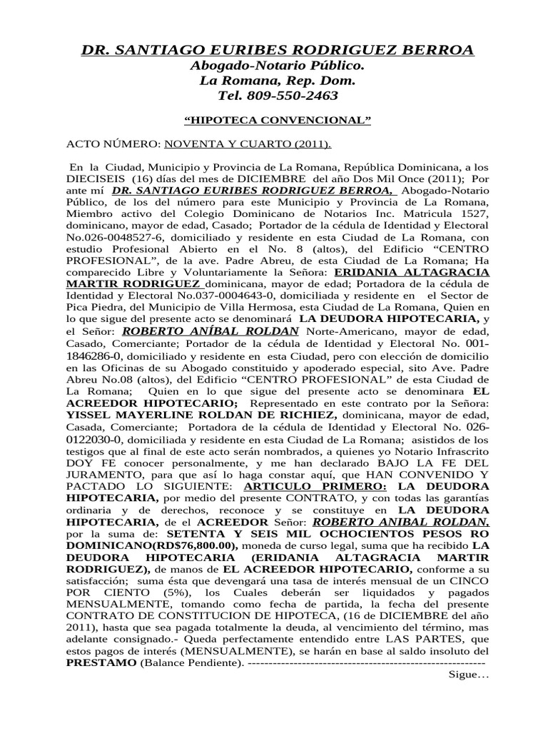 Hipoteca Convencional Roberto Anibal Roldan y Yissel (Modelo) La ...